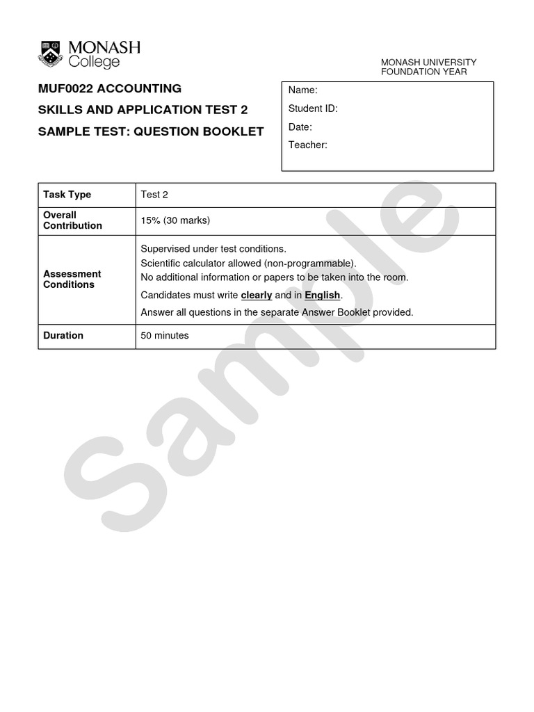 MUF0022 Test2 Sample QB NCF | PDF | Debits And Credits | Service Industries