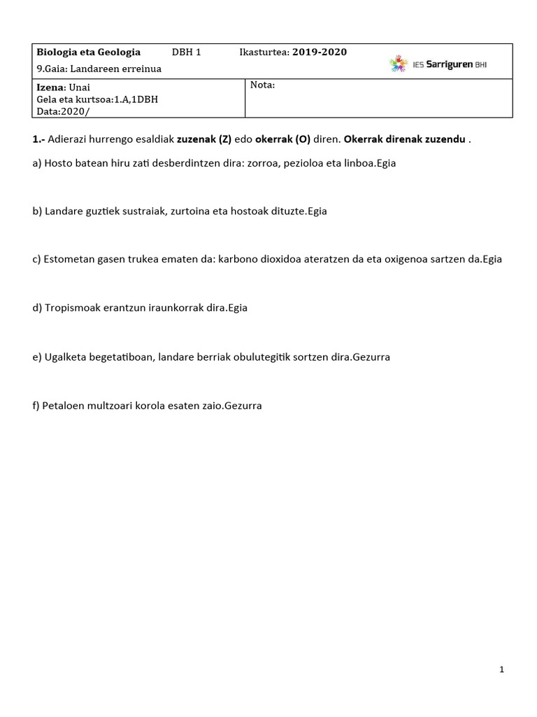 Biogeo Examen. 9.gaia | PDF