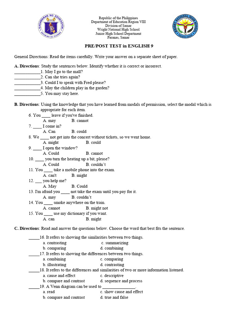 English 9 Pre/Post Test Answer Key | PDF | Causality | Cognition