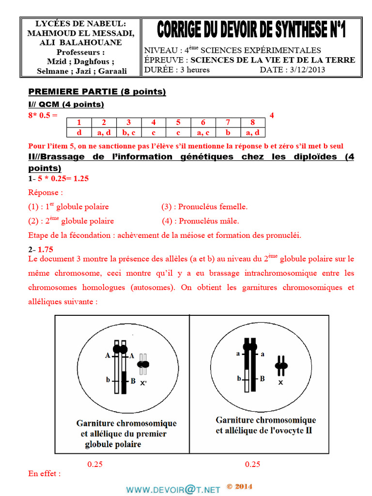 Devoir Corrigé de Synthèse N°1 - SVT - Bac Sciences Exp (2013-2014) Lycée Mahmoud Messadi Nabeul ...