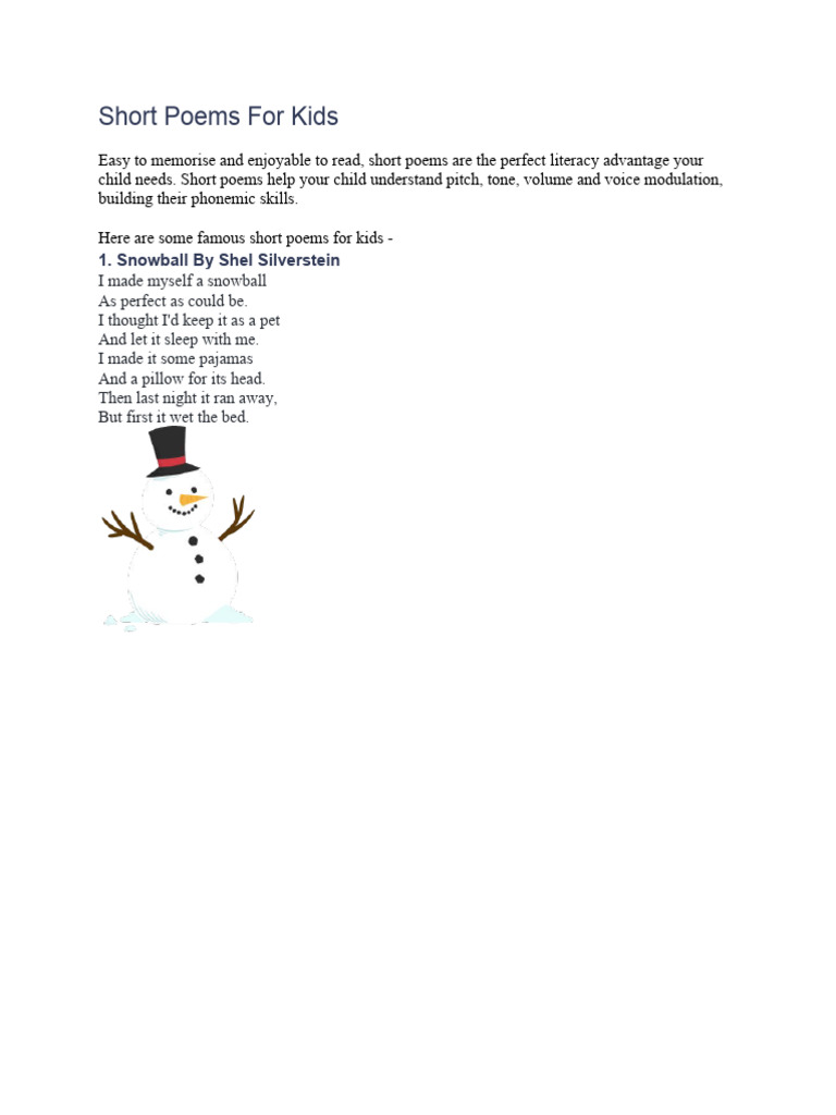 Short Poems For Kids: 1. Snowball by Shel Silverstein | PDF