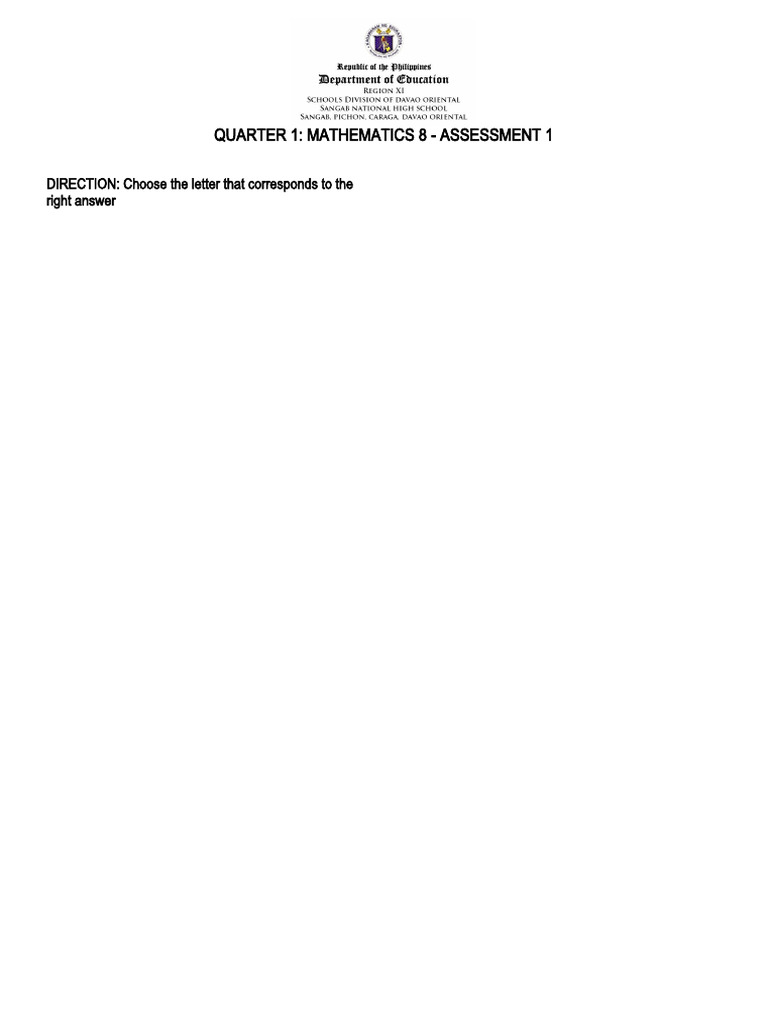 Assessment 1 - Math 8 - Quarter 1 | PDF | Teaching Methods & Materials
