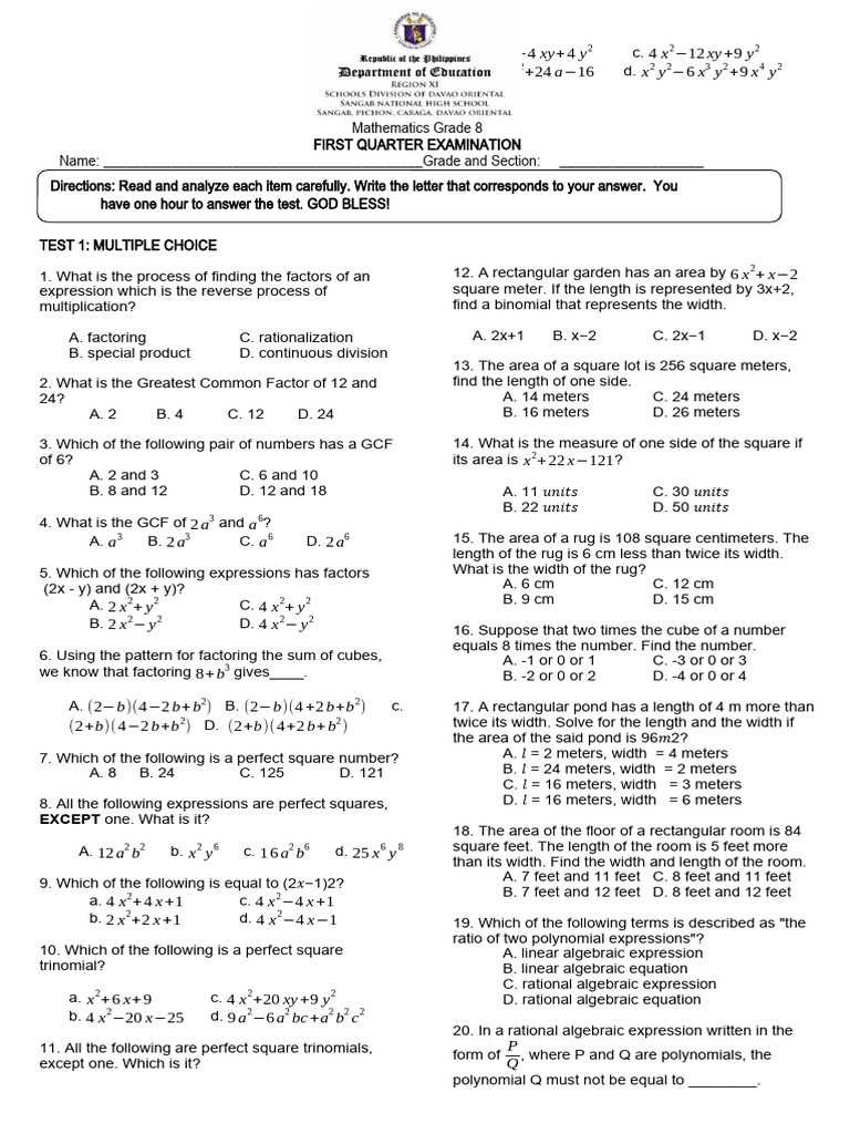 Math 8 - First Exam (1-4 Mod) | PDF | Factorization | Mathematics