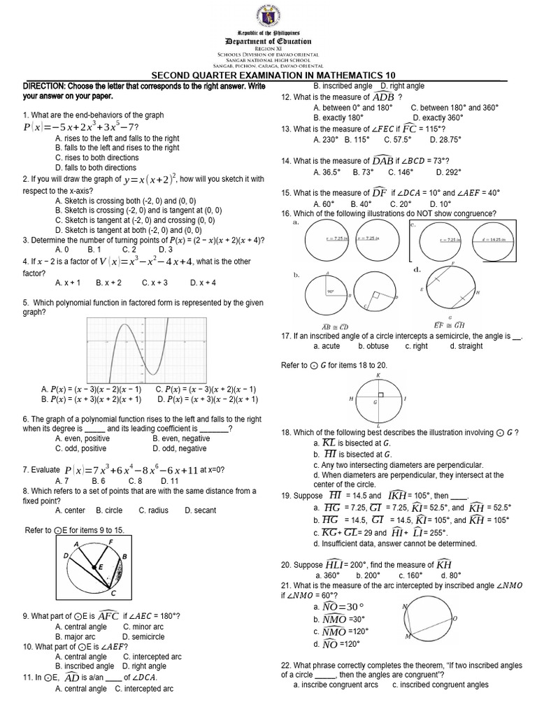 Second Quarter Examination in Mathematics 10 | PDF | Circle | Angle