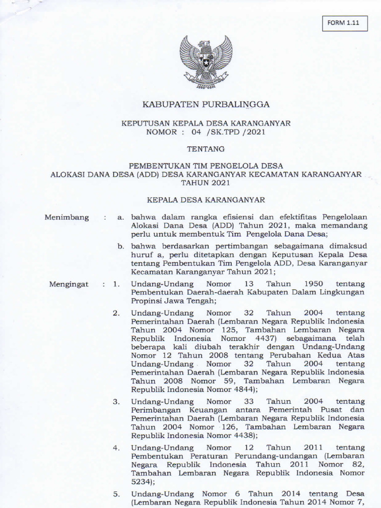 SK Pembentukan Tim Pengelola Desa Alokasi Dana Desa Tahun 2021 Oskxlq Keputusan Kades Nomor 04 ...