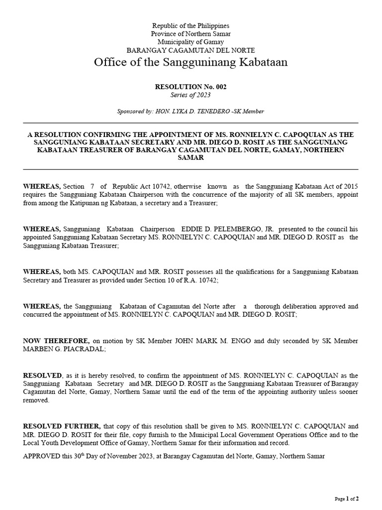 SK Secretary and Treasurer's Appointment (SK CDN Reso 002-23 ...