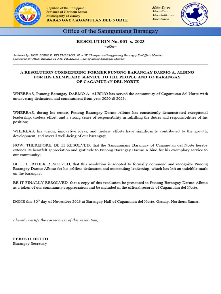 CDN Sangguniang Barangay Resolution | PDF