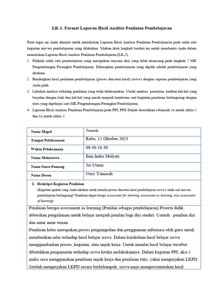 Format Hasil Asesmen Pembelajaran | PDF