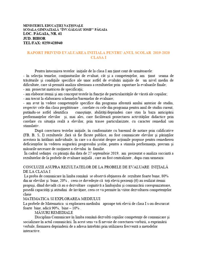 Raport de Evaluare Initiala Clasa I | PDF