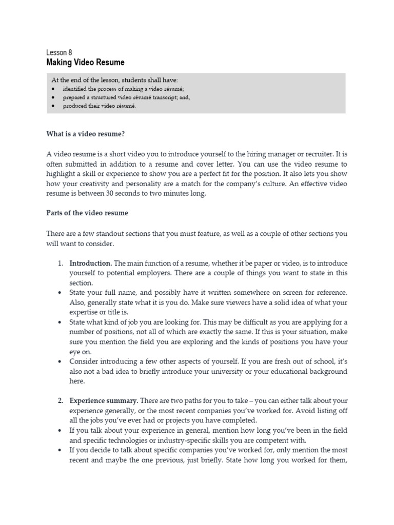 Lesson 8 Video Resume | PDF