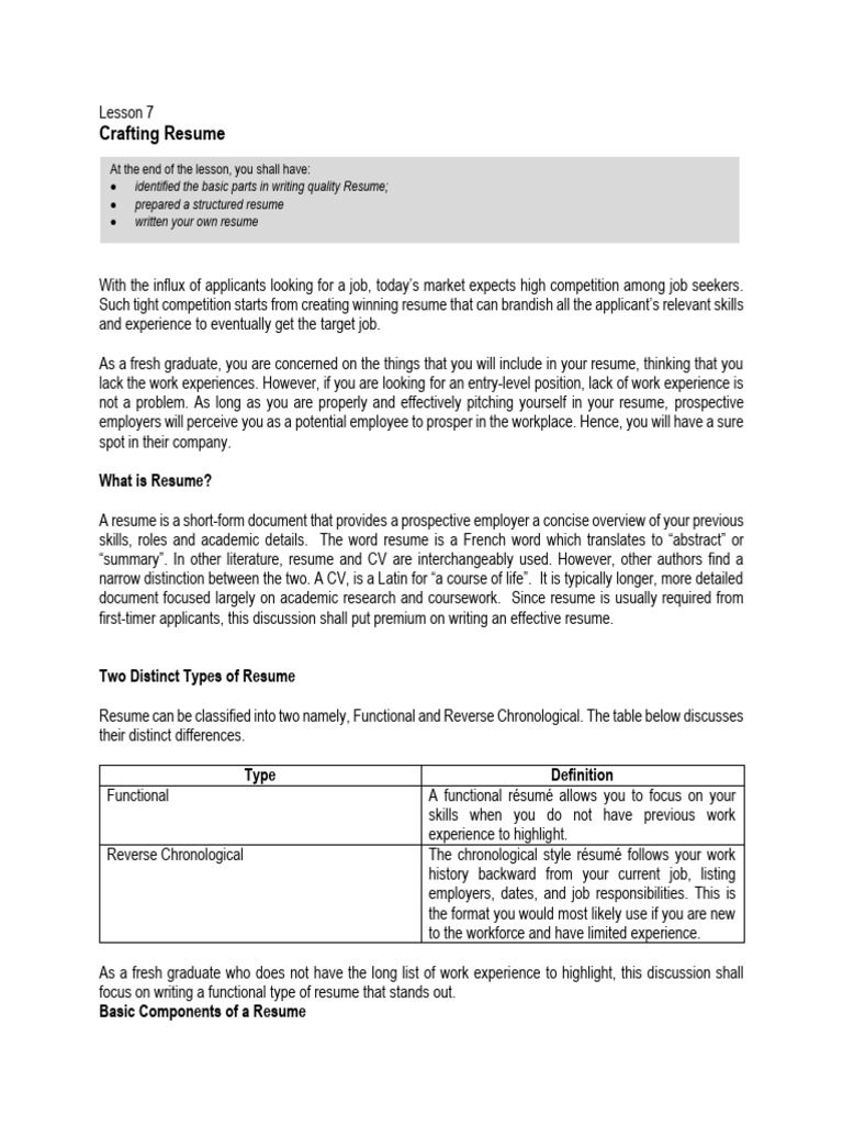 Lesson 7 Crafting Resume | PDF | Résumé