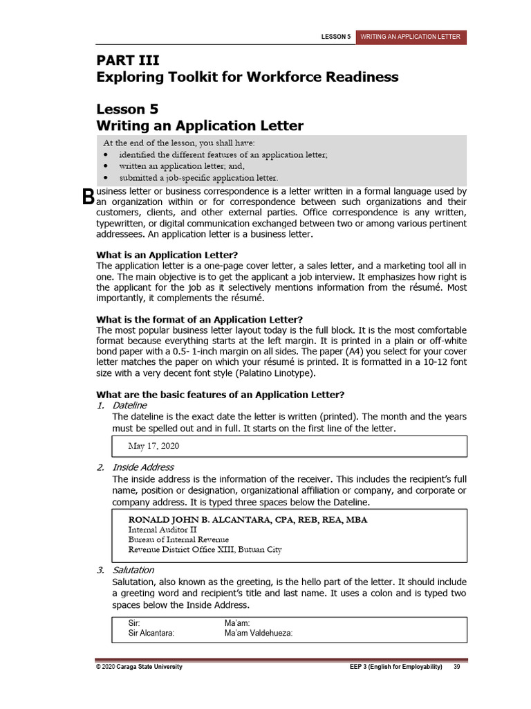 Lesson 6 Application Letter Writing (Handouts) | PDF