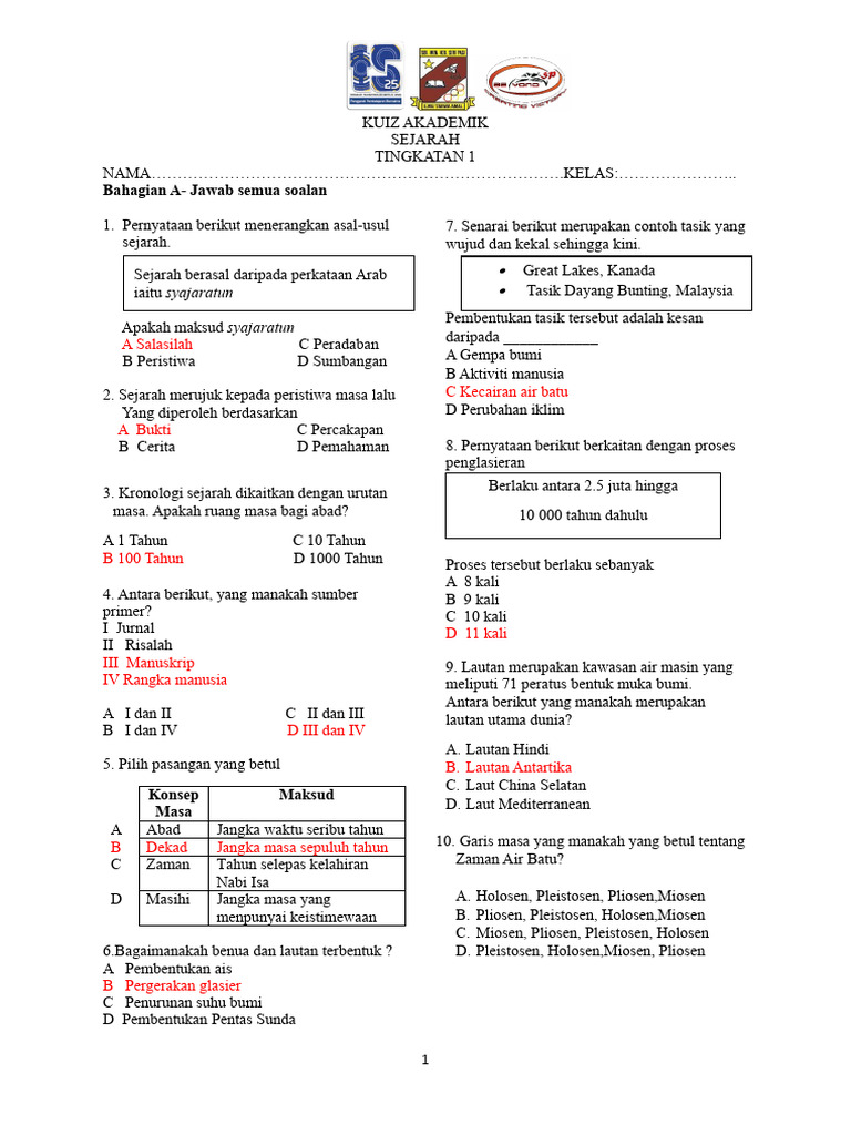 KUIZ AKADEMIK 2 Sej Ting 1 Jawapan | PDF