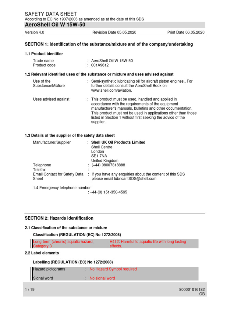 AeroShell Oil W 15W-50 Material Safety Data Sheet (MSDS) | PDF