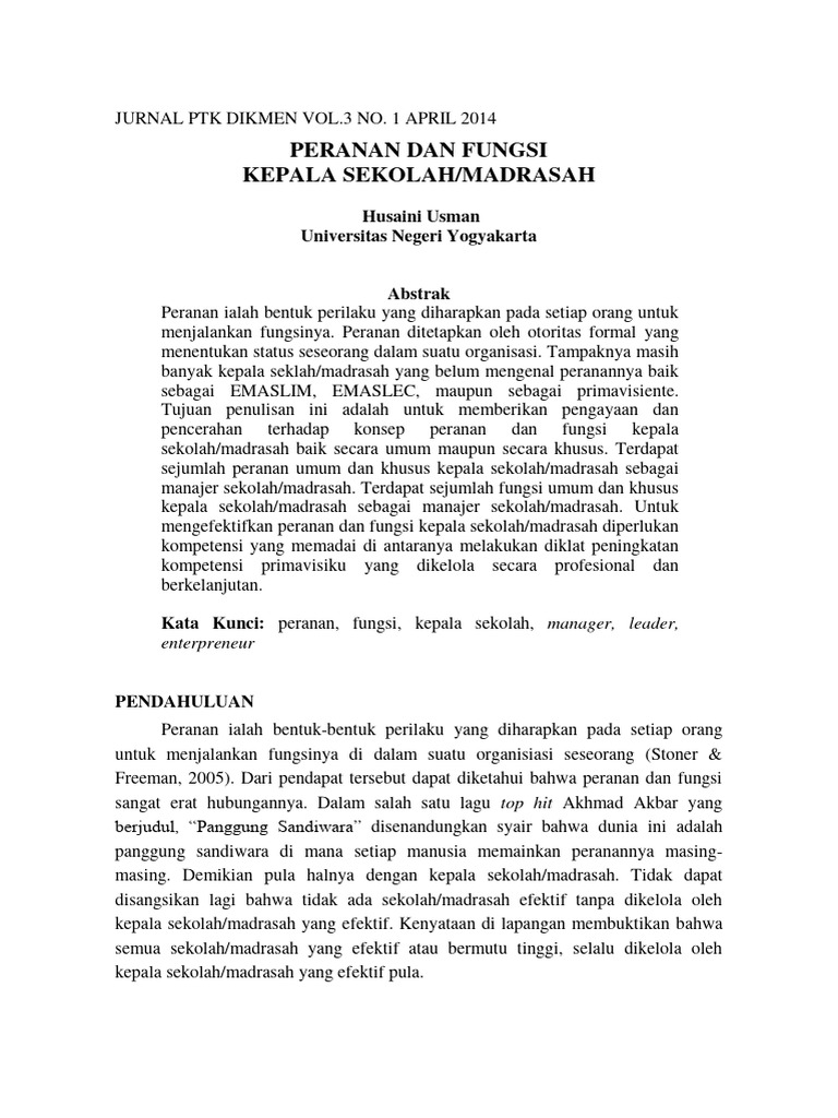 Peranan Dan Fungsi Kepala Dan Madrasah Sekolah Jurnal Tenaga Kependidikan Vol. 3 No. 1 April ...