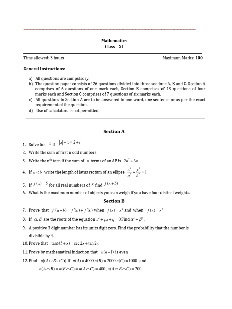 CBSE-Class 11 Mathematics Sample Paper | PDF | Mathematics