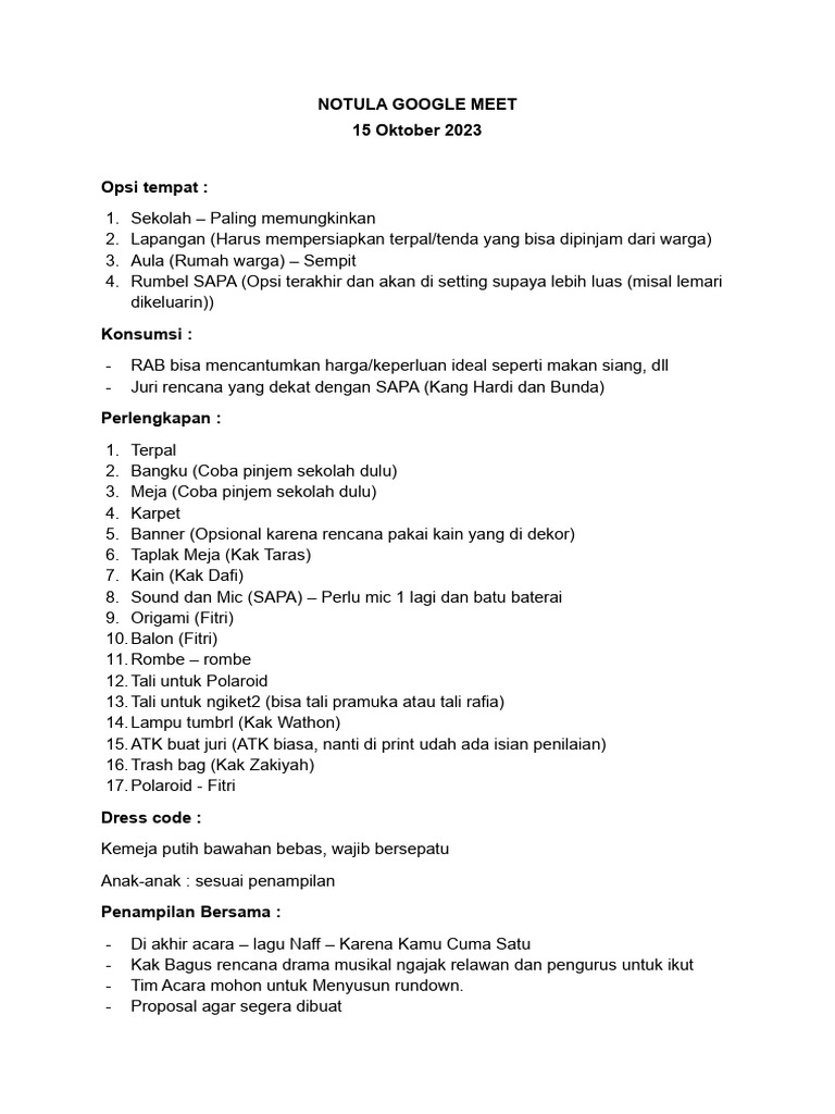 Contoh Notula Rapat Via Google Meet | PDF