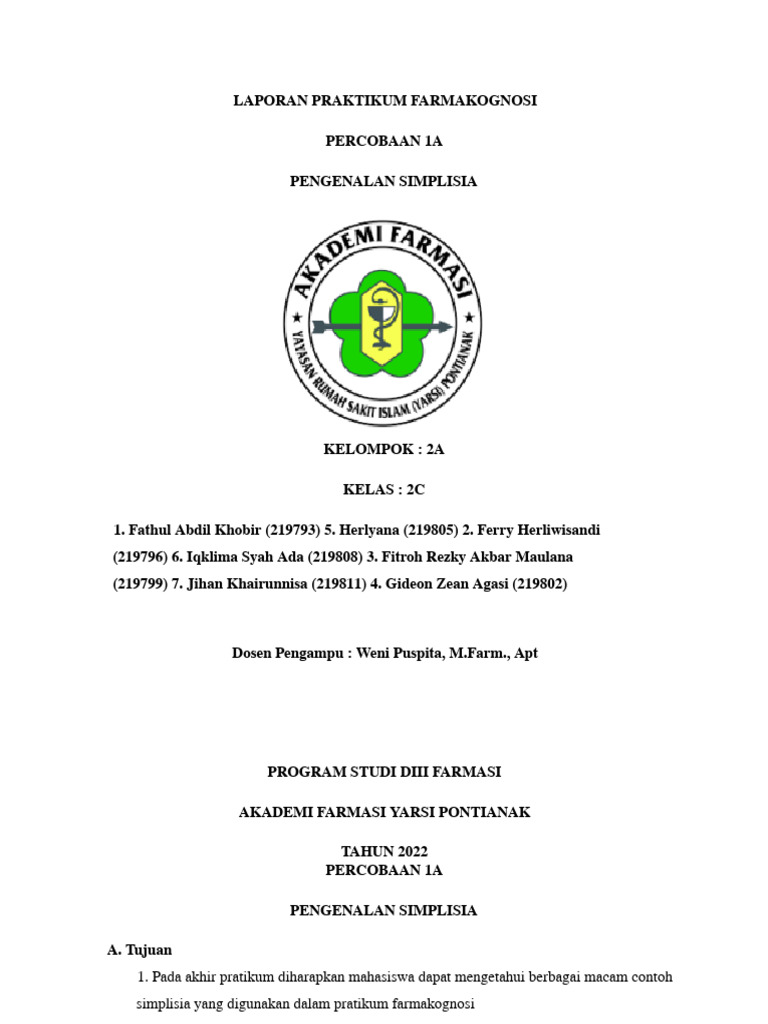 Laporan Praktikum Farmakognosi Pengenalan Simplisia - Kelompok 2a - Kelas 2C | PDF