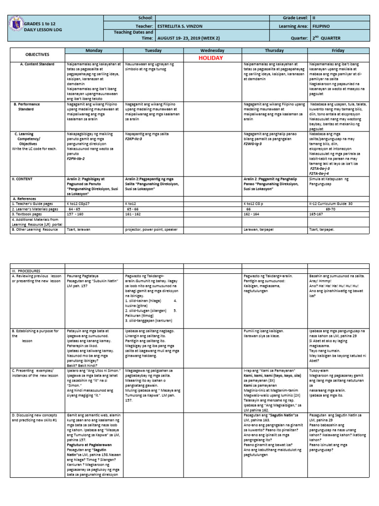 FILIPINO 2 Q2 Week 2 DLL | PDF