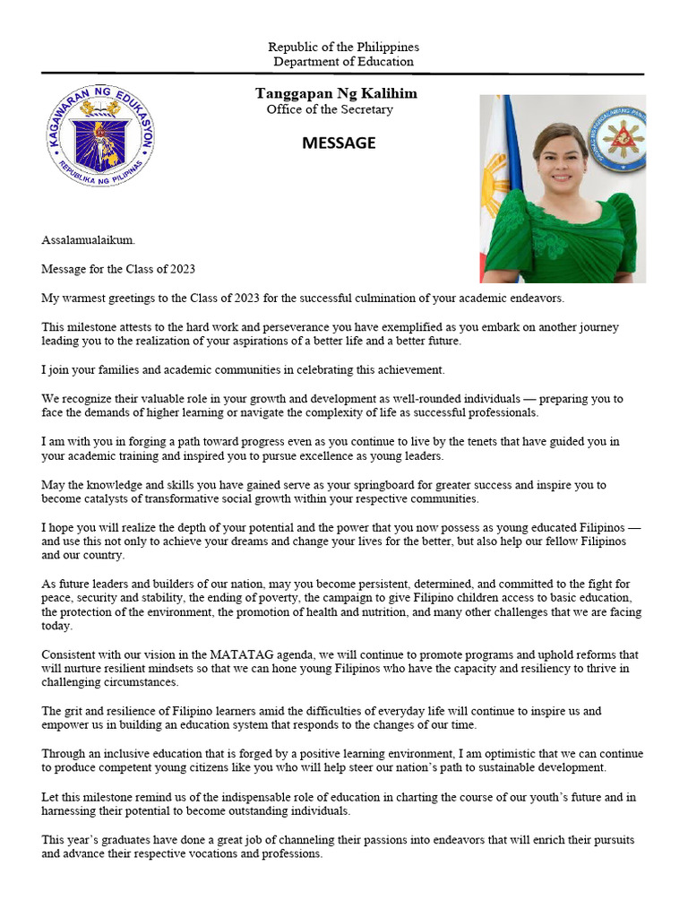 Graduation Message from VP Sara Duterte | PDF | Philippines