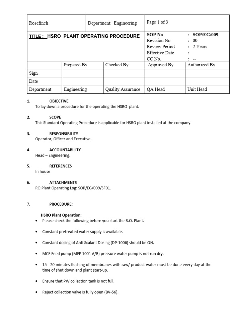 HSRO Plant Operating Procedure SOP | PDF | Home & Garden | Computers