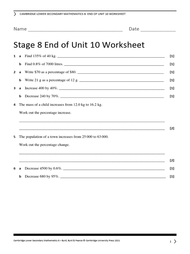 Stage 8 End of Unit 10 Worksheet | PDF