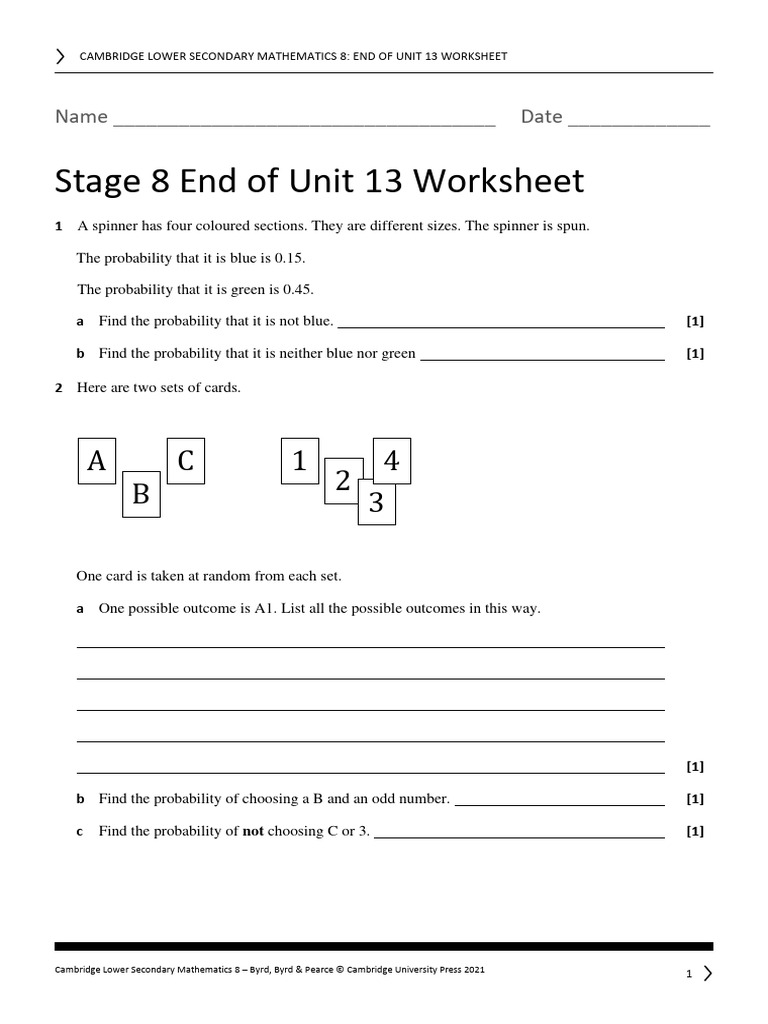 Stage 8 End of Unit 13 Worksheet | Download Free PDF | Probability ...