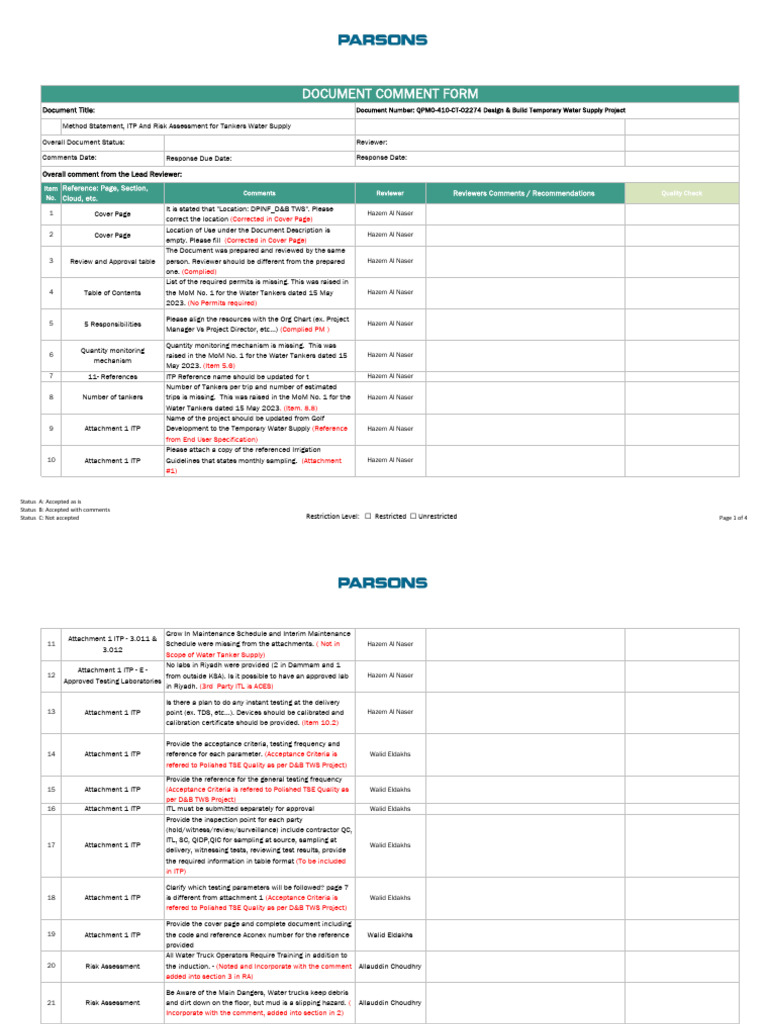 Method Statements For Water Tankers Comment Sheet Template Temp Water Supply | PDF