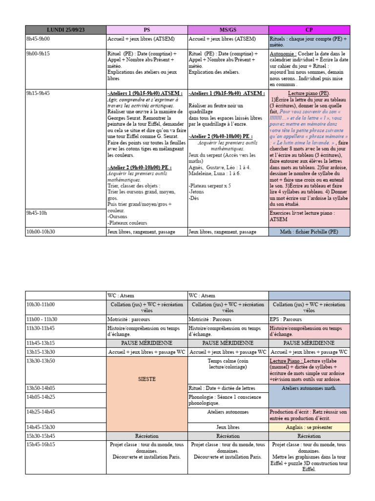 Programme d'activités scolaires CP et PS | PDF