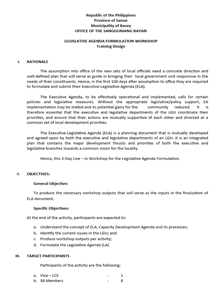 Training Design LEGISLATIVE AGENDA | PDF