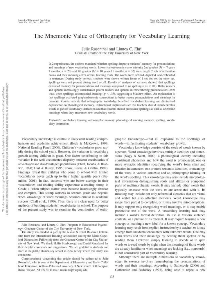 The Mnemonic Value of Orthography For Vocabulary Learning | PDF