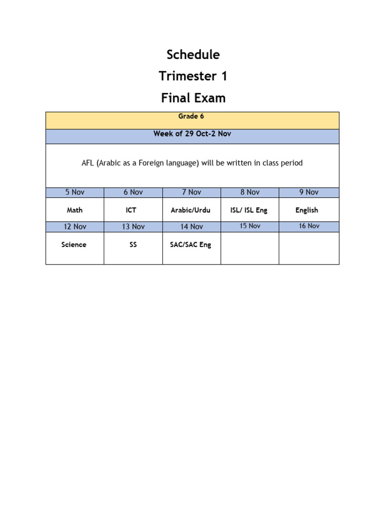 1st Trimester Exam Schedule Grade 6 | PDF