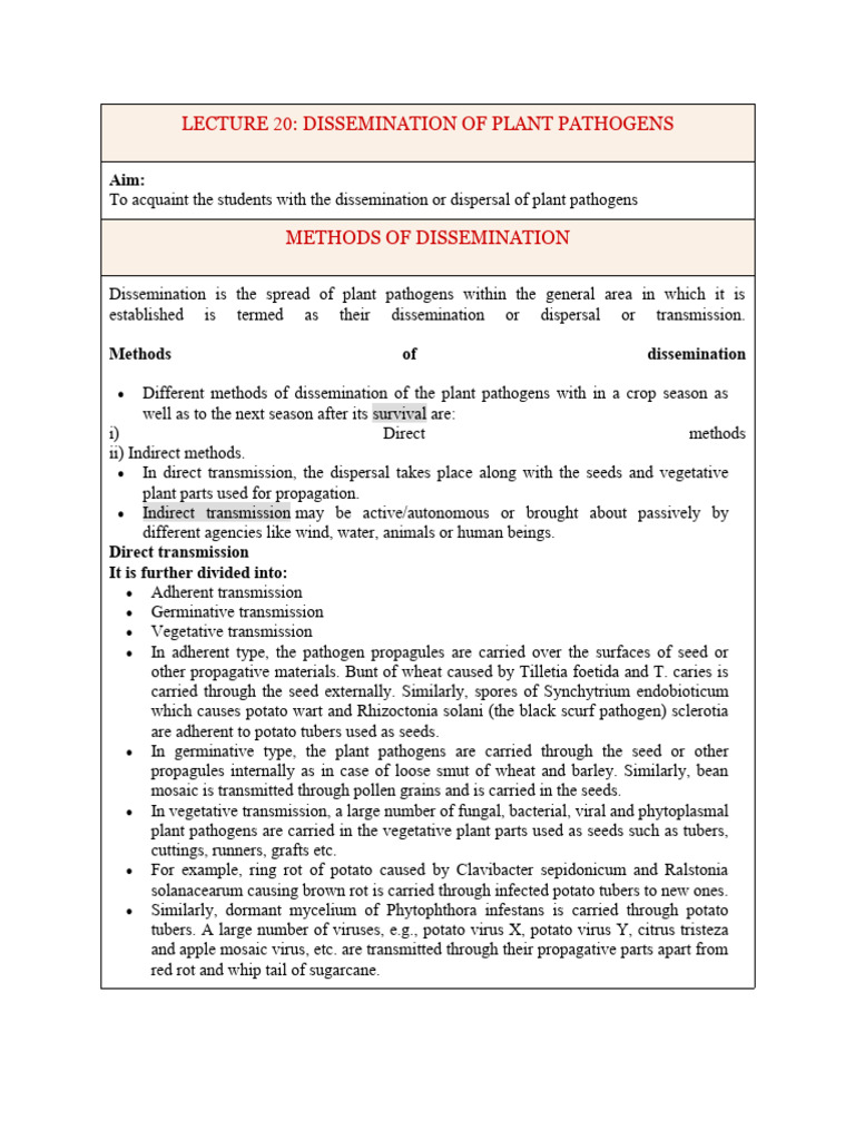Dissemination of Plant Pathogens | PDF | Plant Pathology | Fungus