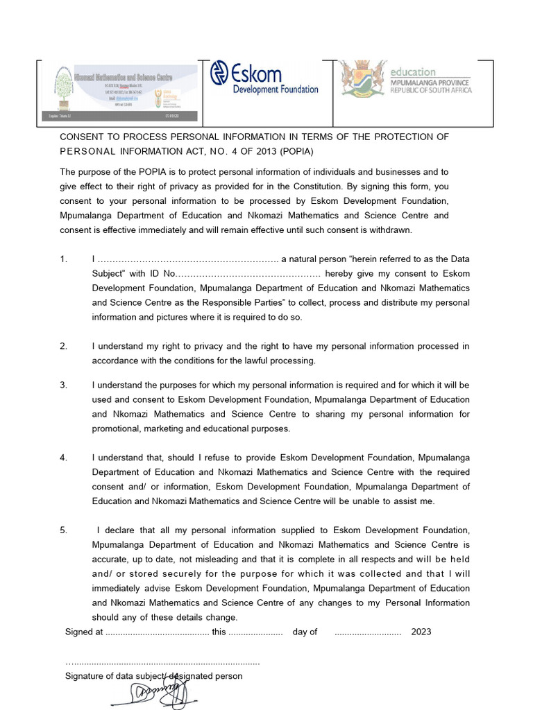 POPIA Consent Form for Nkomazi Centre | PDF | Career & Growth