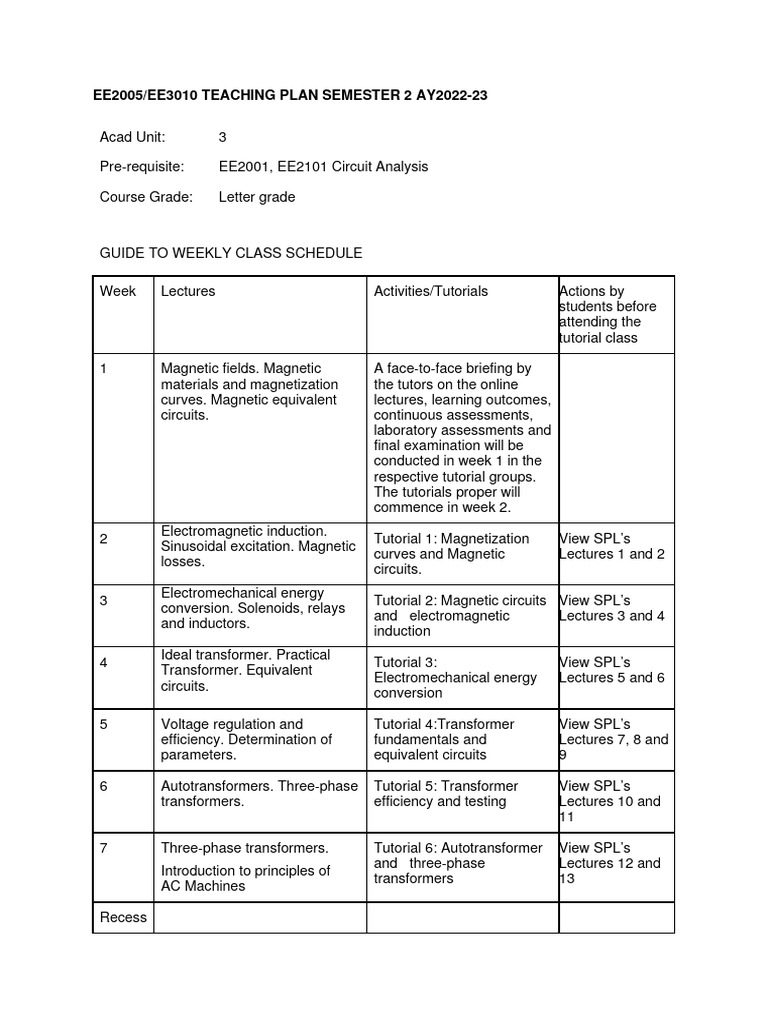 EE2005-EE3010 Teaching Plan and Assessment Schedule NTU | PDF