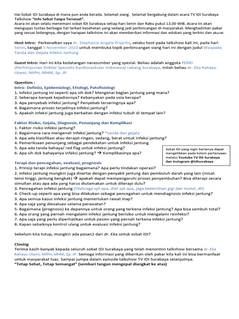 Waspada Tanda Dan Gejala Infeksi Jantung - Talkshow IDI Surabaya | PDF