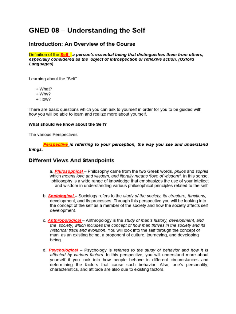 Introduction To Understanding The Self - A Course Overview | PDF | Self ...