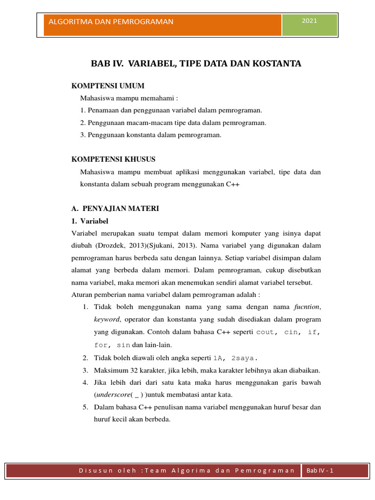 Materi 4. Variabel, Type Data Dan Konstanta | PDF