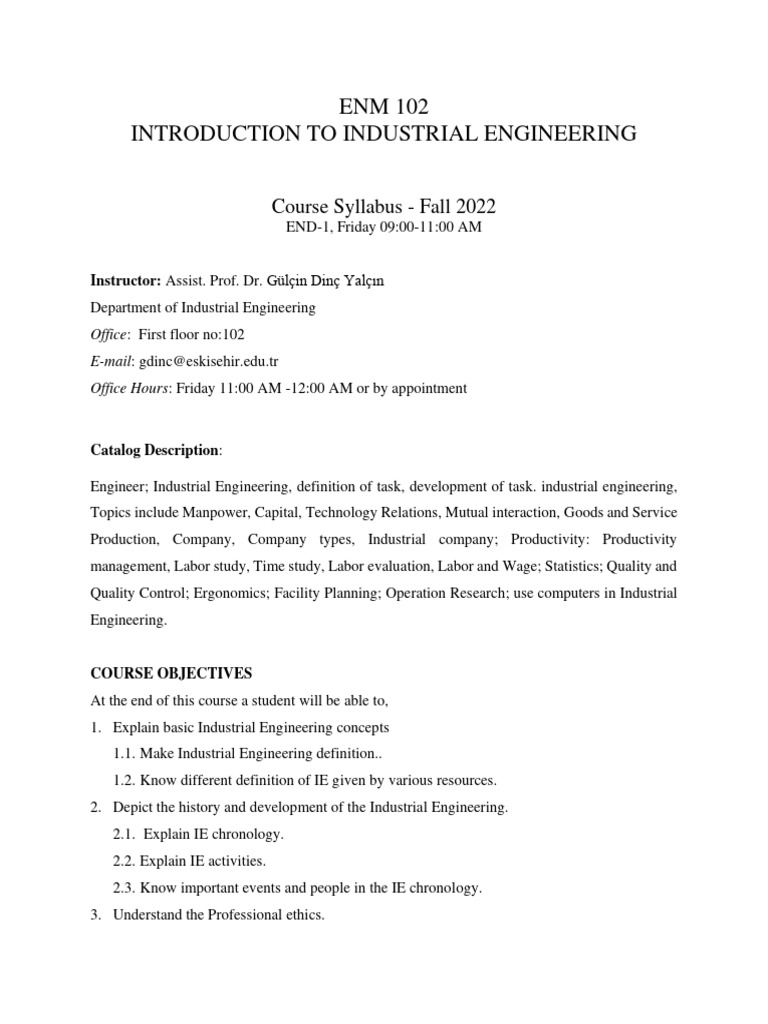 ENM 102 Intro To IE - Fall 2022-1 | PDF | Industrial Engineering ...