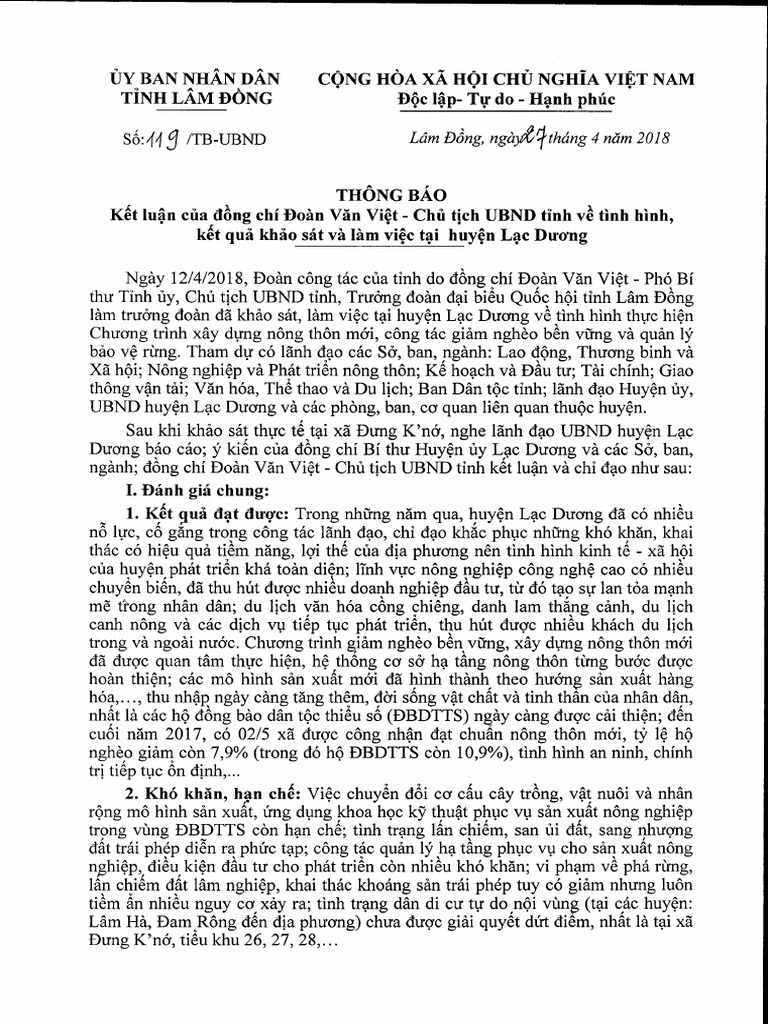 Thong Bao 119-TB-UBND - Ket Luan Chu Tich Lam Dong Ve Lac Duong | PDF