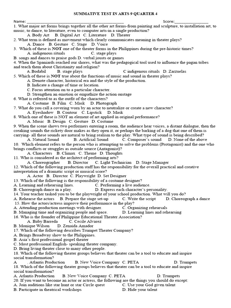 Summative Test in Arts 9 Quarter 1 | PDF | Art