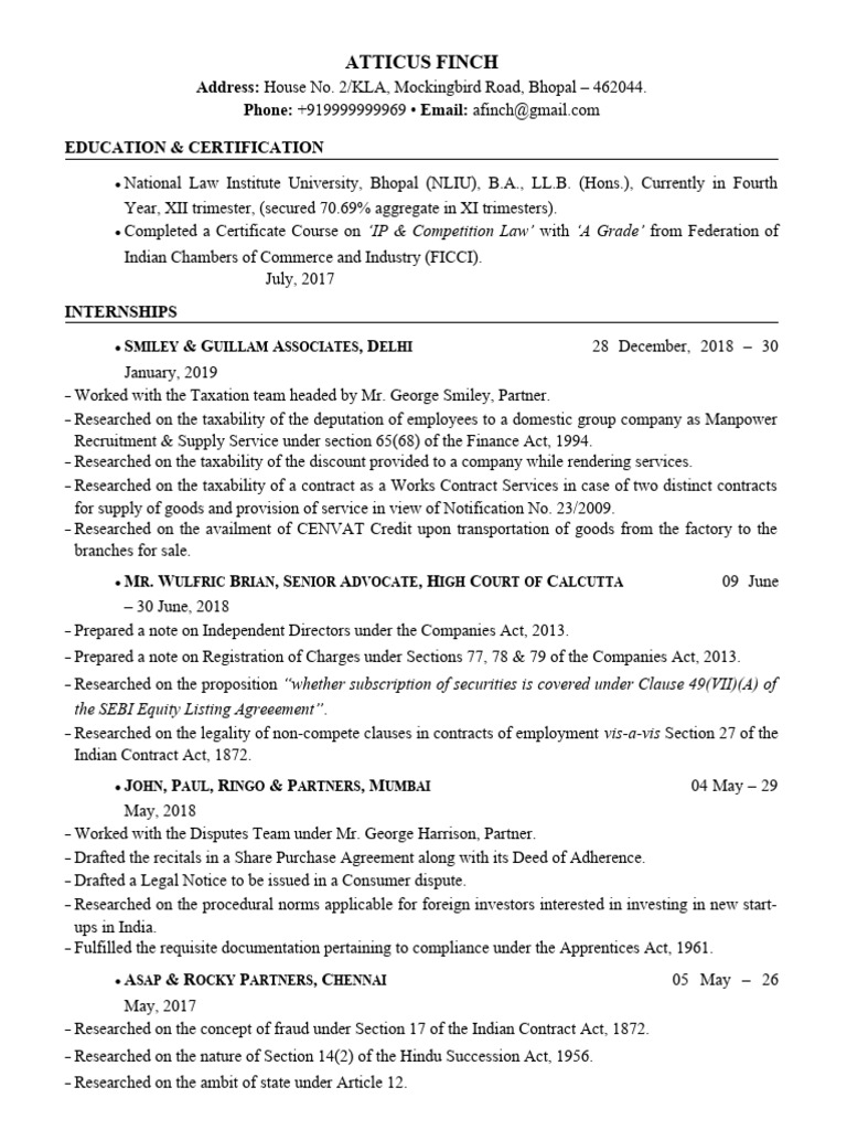 Sample CV 2019 - Atticus Finch | PDF