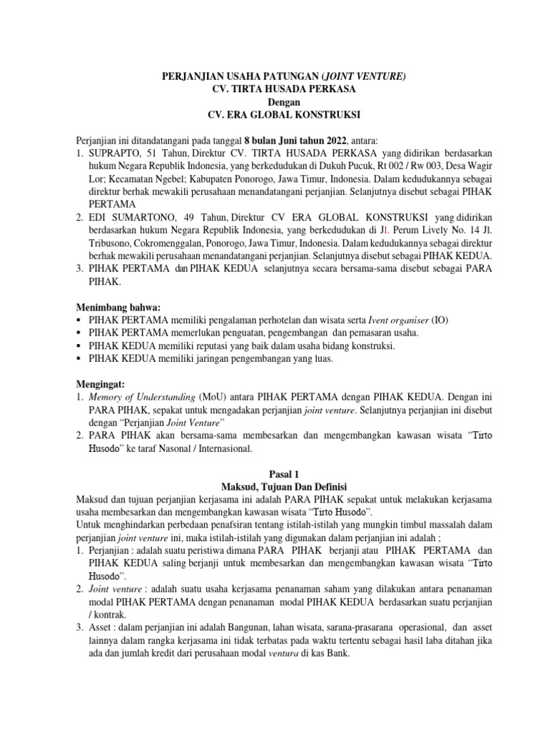 Contoh Perjanjian Joint Venture Wisata | PDF | Pengelolaan Keuangan ...
