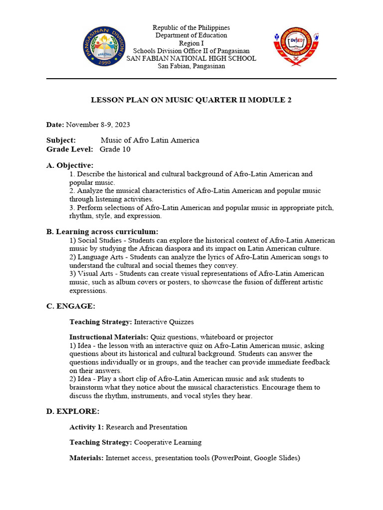 Grade 10 Lesson Plan: Afro-Latin Music | PDF | Rubric (Academic) | Teachers