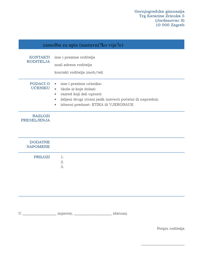 Obrazac-Molbe-Za-Upis-Gornjogradska-Gimnazija 3 | PDF