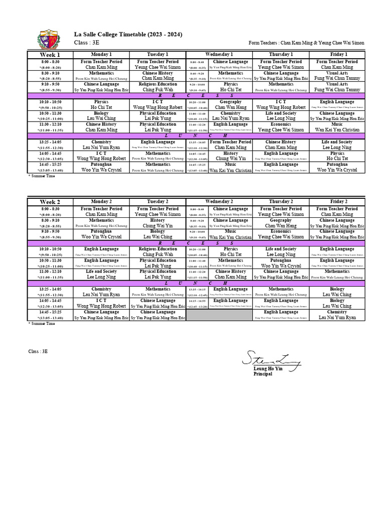 Class: 3E: La Salle College Timetable (2023 - 2024) | PDF | Hong Kong