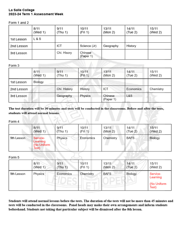 2023-24 Term 1 Assessment Week Timetable | PDF | Science