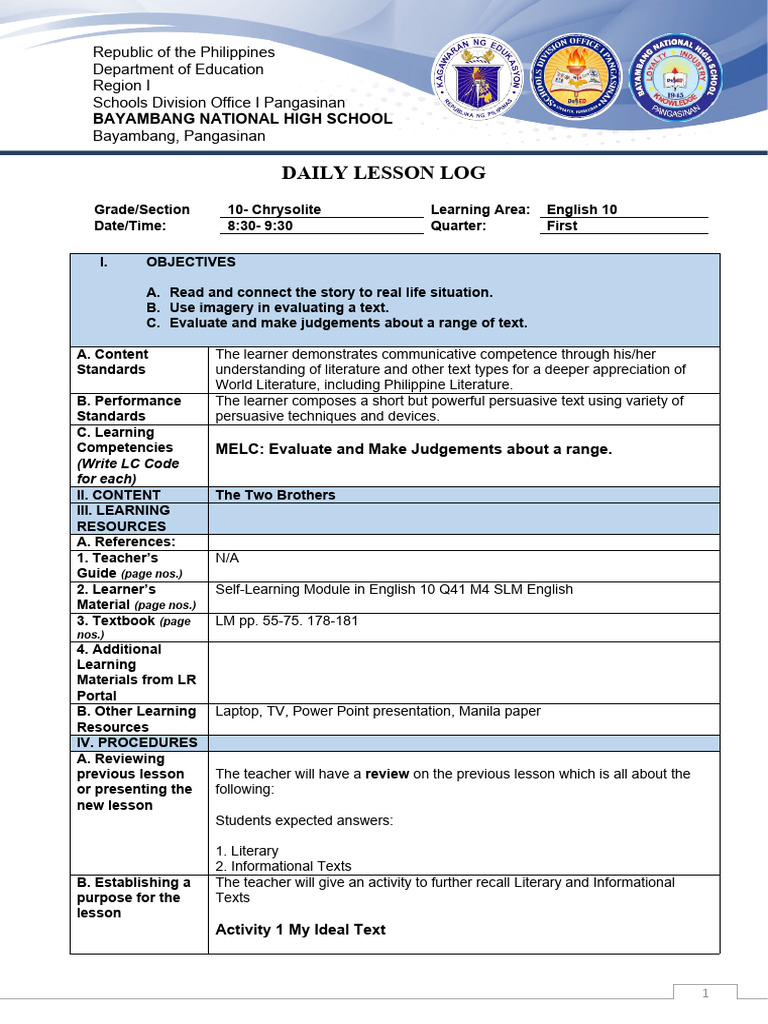 English-10-DLL-FIRST COT 23-24 | PDF | Learning | Cognition