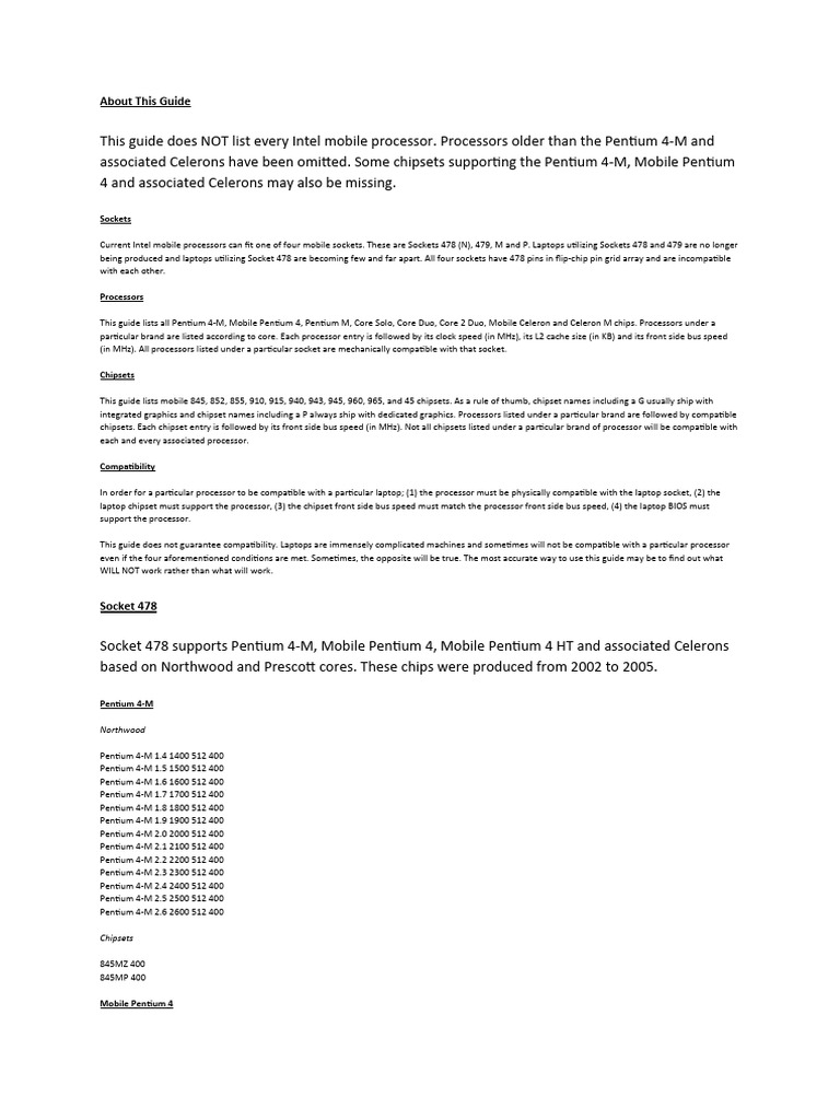 Guide For Mobile Sockets and Processors | PDF | Central Processing Unit | Intel