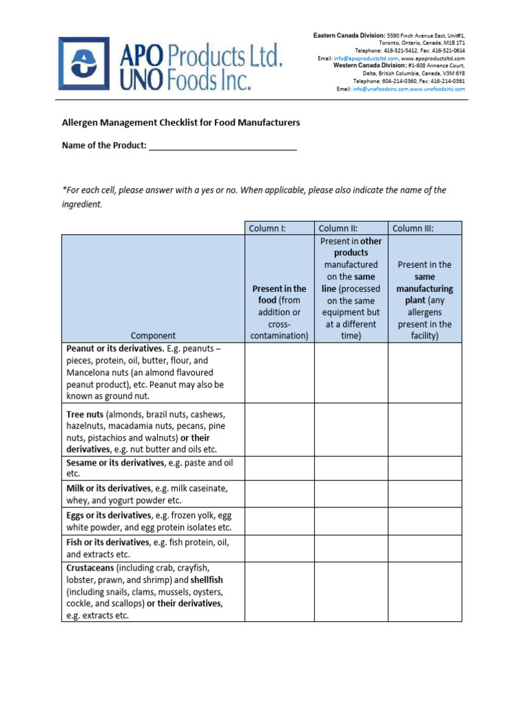 APO Products Ltd. - Allergen Management Checklist | PDF